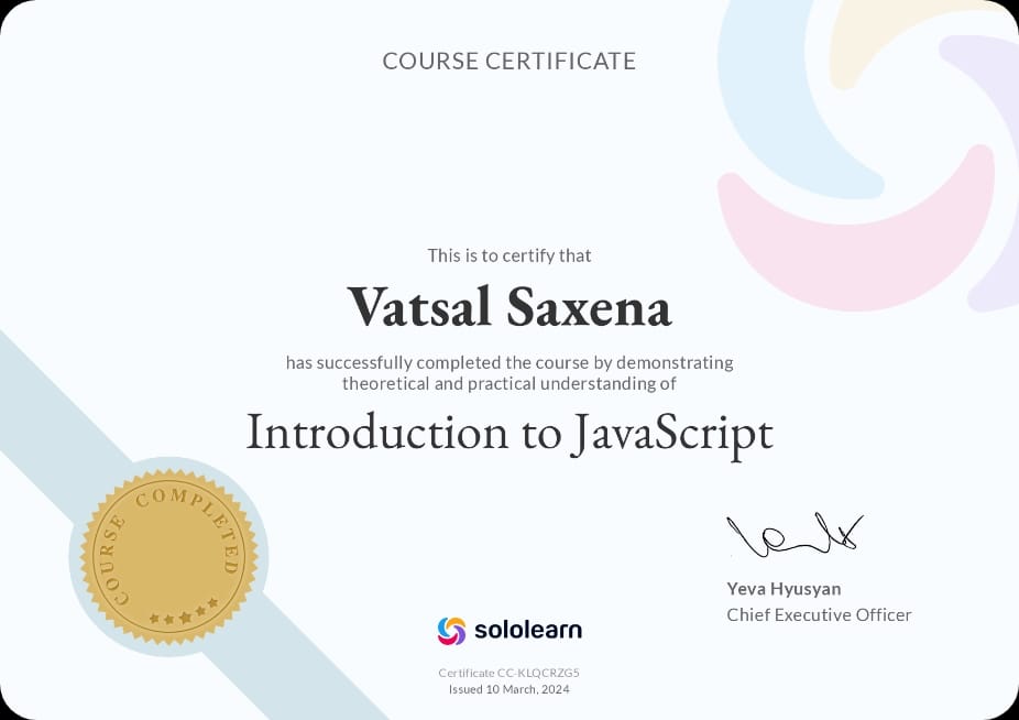 Vatsal Saxena | Certificates