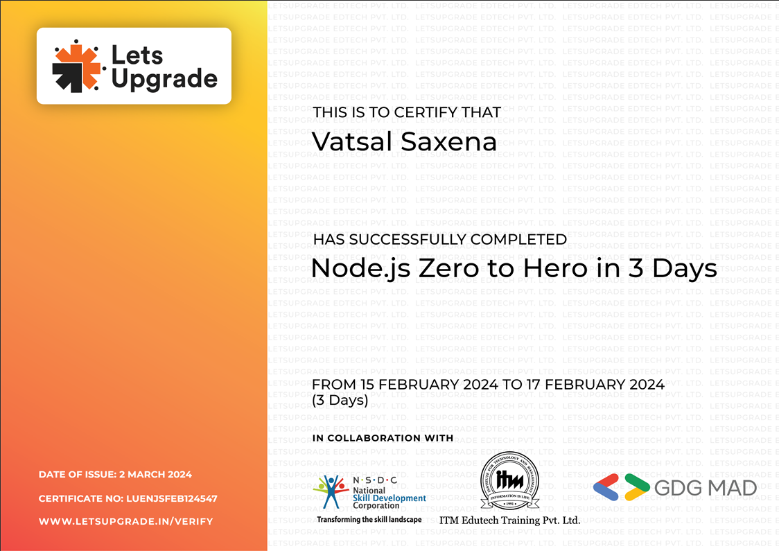 Vatsal Saxena | Certificates